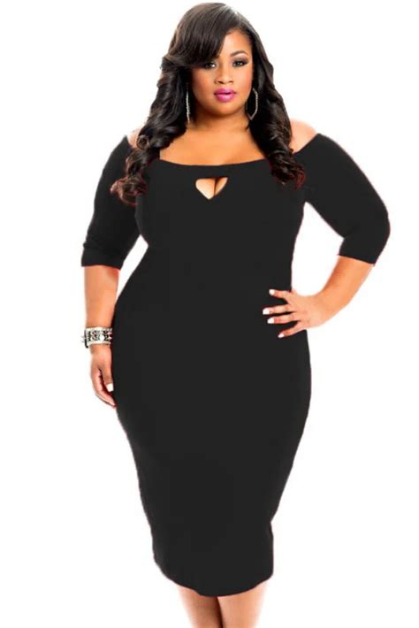 Black Plus Size Keyhole 34 Length Sleeve Dress Lc61054 2017 Summer