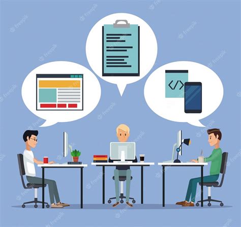 premium vector color scene background with web developer group men in desk programming language