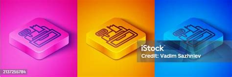 아이소 메트릭 라인 금전 등록기 기계는 분홍색과 주황색 파란색 배경에 격리 된 체크 아이콘이 있습니다 계산원 기호 금고 기호입니다 사각형 버튼 벡터 3차원 형태에 대한 스톡