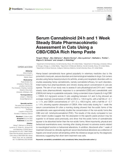 Serum Cannabinoid 24 H And 1 Week Steady State Pk Assessment In Cats