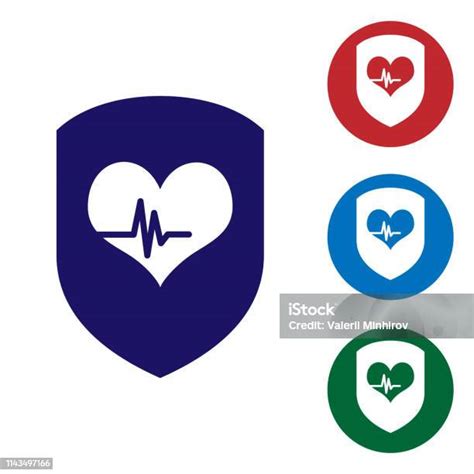 파란색 방패와 심장 박동 아이콘 흰색 배경에 고립입니다 건강 보호 개념입니다 의료 원 버튼의 색상 아이콘을 설정 합니다 벡터 일러스트 개념에 대한 스톡 벡터 아트 및 기타