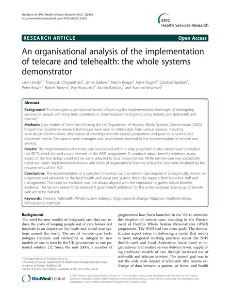 Pdf An Organisational Analysis Of The Implementation Of Telecare And