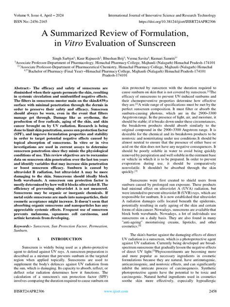 A Summarized Review Of Formulation In Vitro Evaluation Of Sunscreen Pdf Sunscreen Ultraviolet
