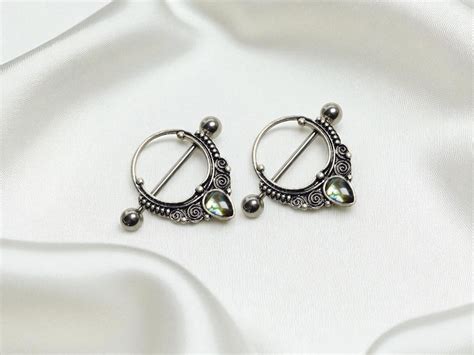 Pair Of 14g Abalone Teardrop Nipple Shield Barbells Etsy