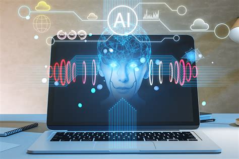 책상 위의 노트북을 클로즈업 와 창조적인 다각형 인간의 머리 그리고 흐릿한 배경에 홀로그램을 가진 아이콘 인공 지능 채팅 Gpt 봇 비서 및 기계 학습 개념 3d 렌더링