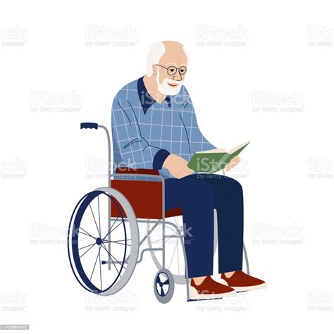 휠체어에서 노인을 읽는 것 책과 함께 시간을 보내는 장애인 노인 흰색 배경에 고립 된 벡터 귀여운 평면 일러스트레이션 가정 생활에 대한 스톡 벡터 아트 및 기타 이미지