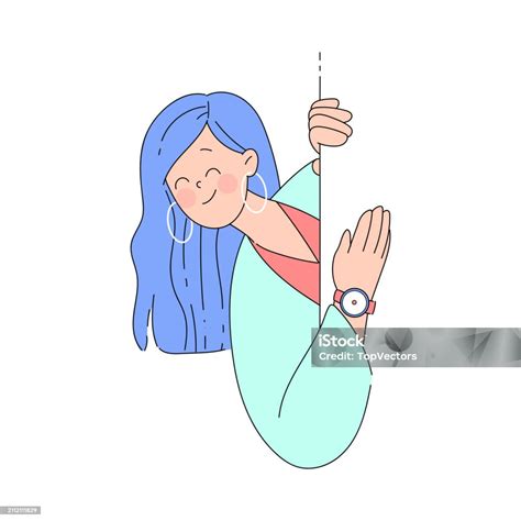 미소 짓는 여자 캐릭터 와 파란 머리 밖에서 보는 코너 벡터 일러스트 감시에 대한 스톡 벡터 아트 및 기타 이미지 감시