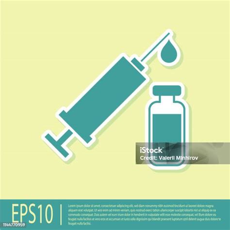 바늘과 유리병 또는 앰 플 아이콘이 노란색 배경에 고립 된 녹색 의료 주사기 예방 접종 주사 백신 인슐린 개념 벡터 일러스트 0명에 대한 스톡 벡터 아트 및 기타 이미지