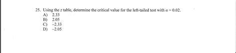 solved 25 using the z table determine the critical value