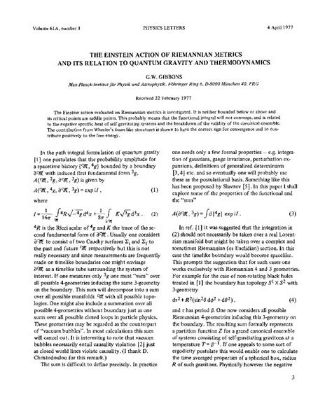 PDF The Einstein Action Of Riemannian Metrics And Its Relation To Quantum Gravity And