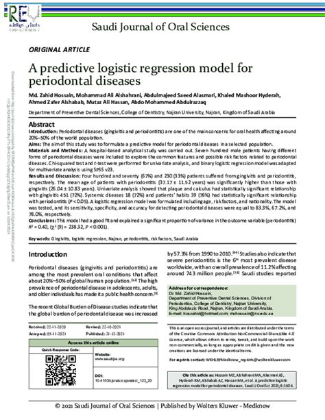 pdf a predictive logistic regression model for periodontal diseases