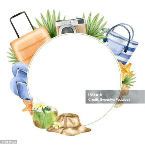여행 오렌지 여행 가방 줄무늬 비치 백 파나마 모자 사진 카메라 열대 잎 불가사리 코코넛 여름 해변 액세서리와 열대 나뭇잎이 있는 프레임 수채화 그림입니다 격리 크루즈