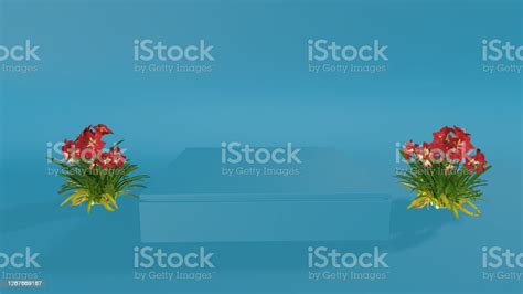 파란색 배경에 3d 렌더 연단 파스텔 꽃과 추상 적 최소한의 장면 화장품 프리젠 테이션을 보여주는 장면 디자인 빈 공간을 모의 쇼케이스 숍프론트 디스플레이 케이스 0명에