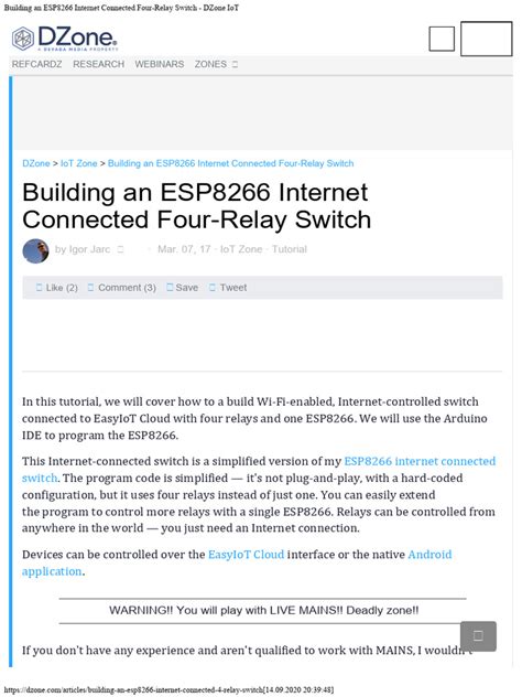 Building An Esp8266 Internet Connected Four Relay Switch Dzone Iot Pdf Arduino Internet