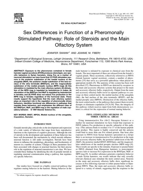 Pdf Sex Differences In Function Of A Pheromonally Stimulated Pathway Role Of Steroids And The