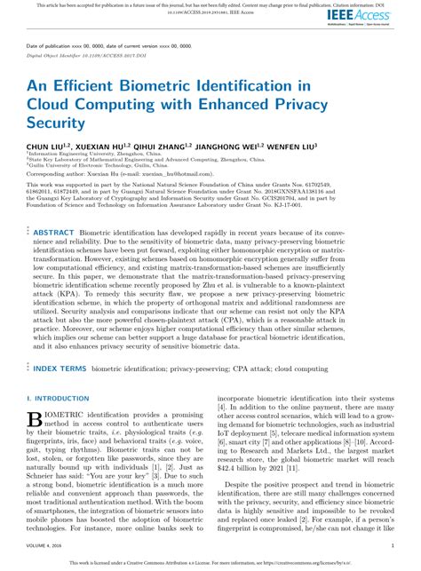 Pdf An Efficient Biometric Identification In Cloud Computing With Enhanced Privacy Security