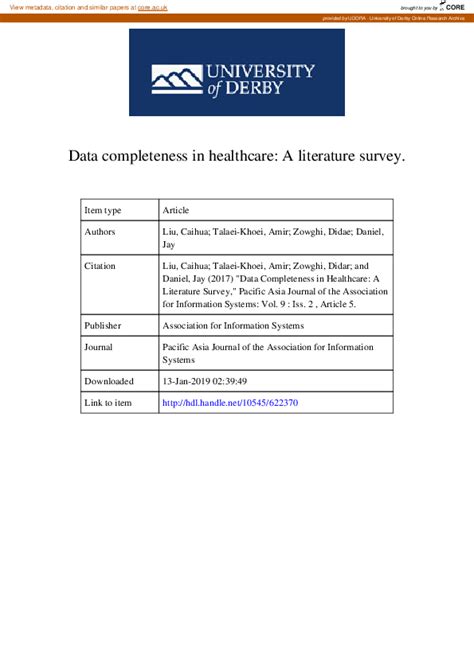Pdf Data Completeness In Healthcare A Literature Survey