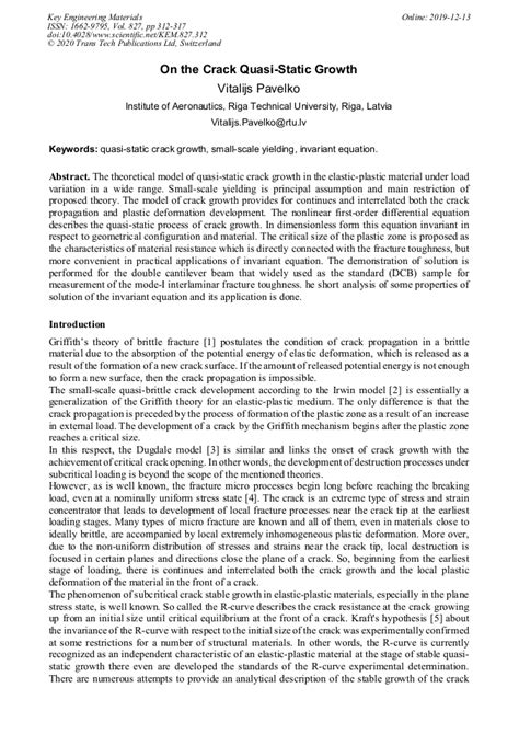 On The Crack Quasi Static Growth Scientific Net