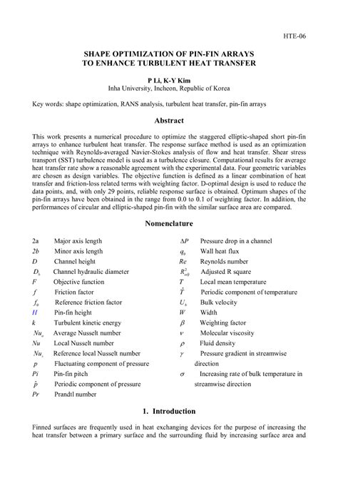 Pdf Shape Optimization Of Pin Fin Arrays To Enhance Turbulent Heat Transfer