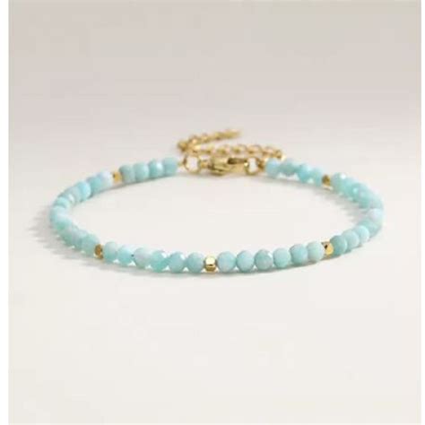 Много нежна гривна за крак или ръка от естествен камък светлосин ахат 3 мм топче позлатени