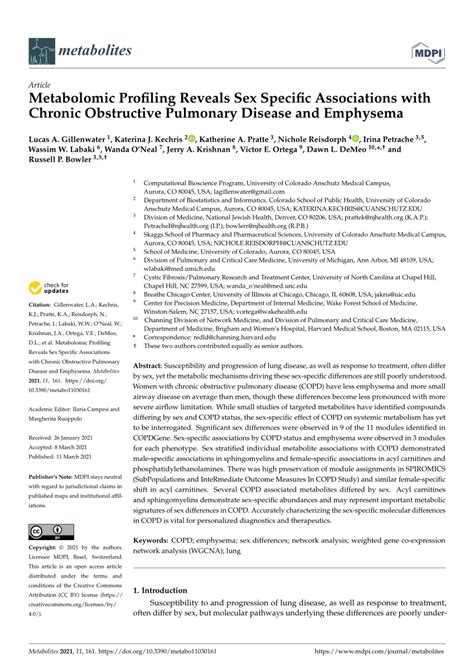 Pdf Metabolomic Profiling Reveals Sex Specific Associations With