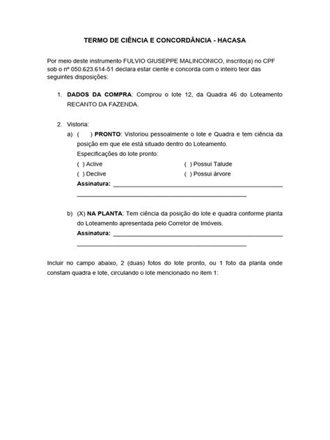Modelo Hacasa Termo De Ciência E Concordância Download Grátis Pdf
