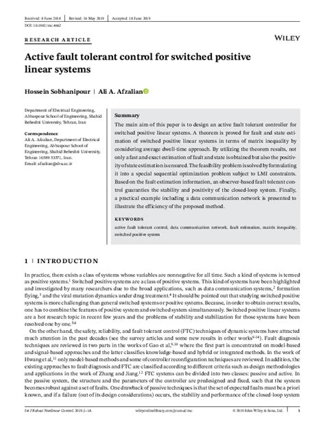 Pdf Active Fault Tolerant Control For Switched Positive Linear Systems