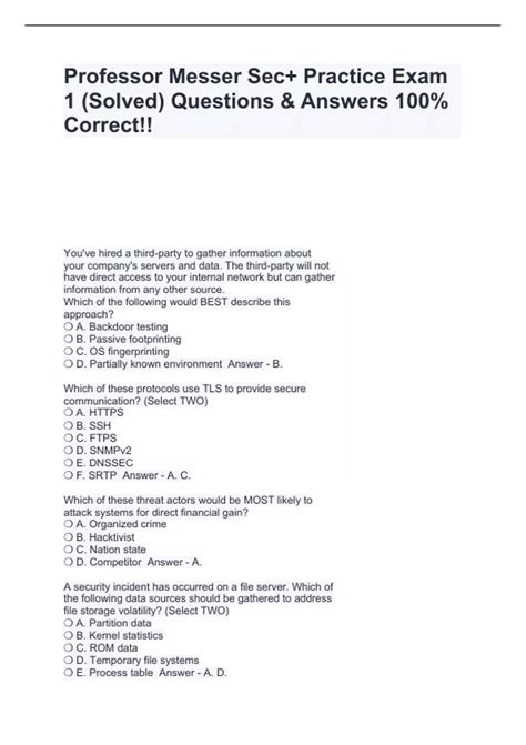 Professor Messer Sec Practice Exam 1 Solved Questions And Answers 100 Correct Professor