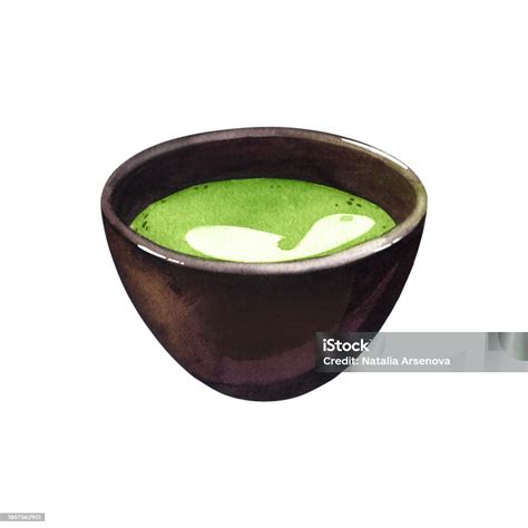 검은 컵에 있는 수채화 유기농 녹색 일본 말차 라떼 손으로 그린 그림 흰색 배경에 고립되어 있습니다 녹차 향기로운 음료는 만화