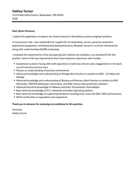 Backup Recovery Engineer Cover Letter Velvet Jobs