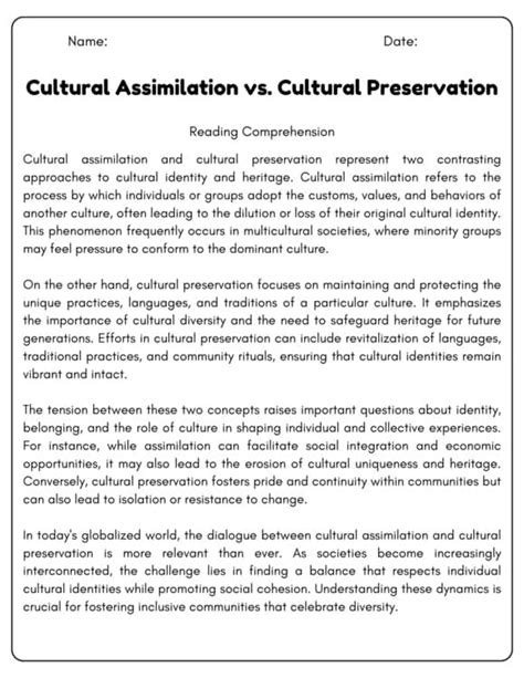 Cultural Assimilation Vs Cultural Preservation Reading Comprehension