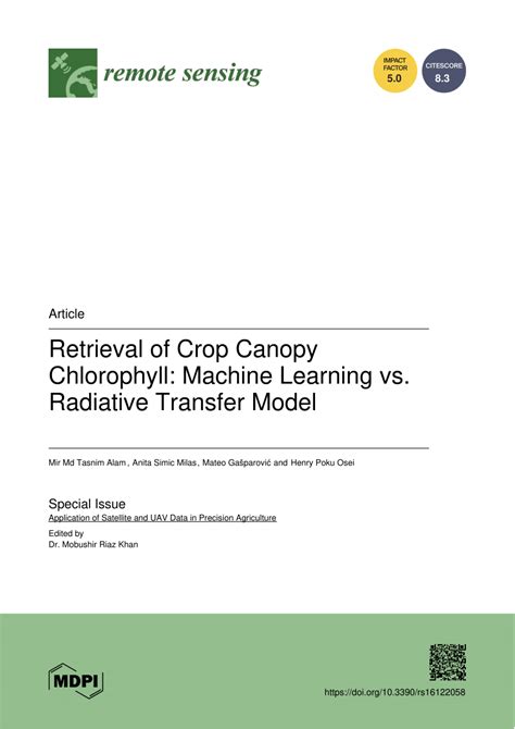Pdf Retrieval Of Crop Canopy Chlorophyll Machine Learning Vs Radiative Transfer Model