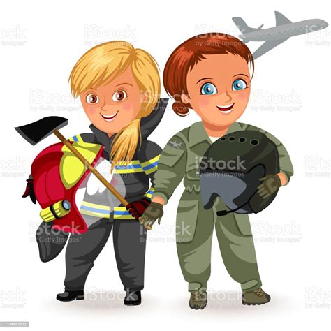 아니 여성 직업 강한 여자 조종사와 그의 팔에 군사 헬멧 유니폼에 빌더 생성자 열심히 일 하는 여자 페미니스트 노동자 벡터