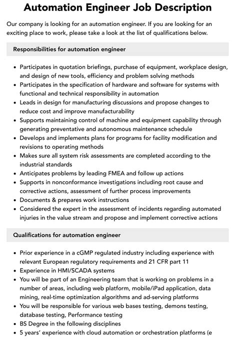 Automation Engineer Job Description Velvet Jobs
