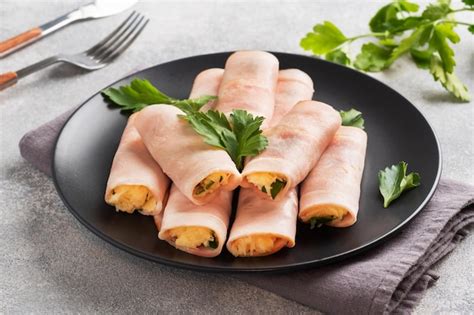Premium Photo Ham And Cheese Rolls On A Plate Delicious Appetizer