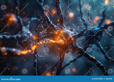 Generative Ai Image Of Cell Of Connected Nerve Neuron System With Golden Light On Dark