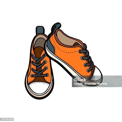 운동 화 단 화 쌍 절연 손으로 그린 된 벡터 일러스트 레이 션의 오렌지 신발입니다 로고 포스터 엽서 패션 책자 전단지에 대 한 손으로 그린 스포츠 부츠 벡터 스케치 운동