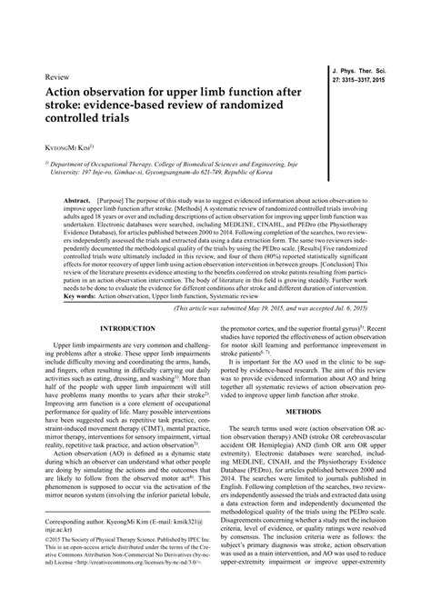 Pdf Action Observation For Upper Limb Function After Stroke Evidence Based Review Of