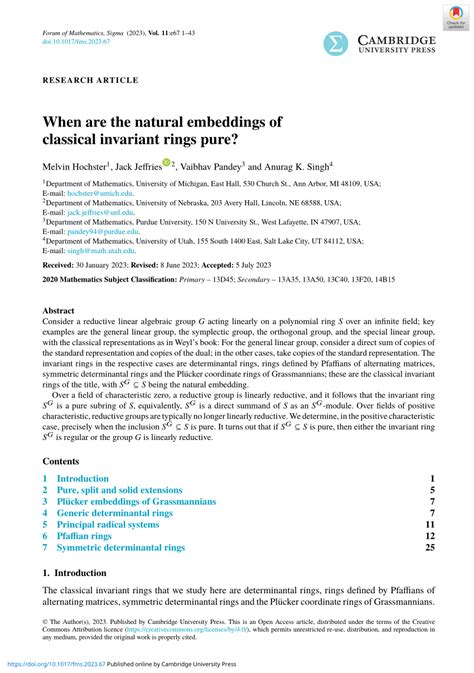 Pdf When Are The Natural Embeddings Of Classical Invariant Rings Pure