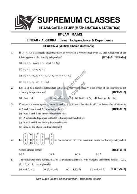 5 Linear Independence Dependence 1 Linear Independence And Dependence S U P R E M U M C La S S E