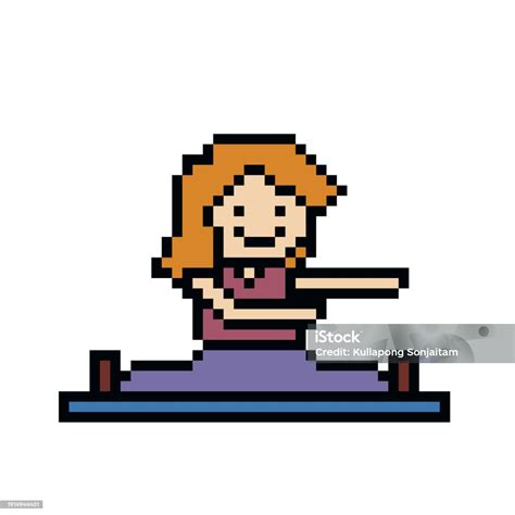 귀여운 픽셀 만화 8 비트 캐릭터 여자 에어로빅 요가 운동 훈련 라이프 스타일 장식 라이프 스타일 8 비트 여성 소녀 운동 체육관 요가 피트니스 따뜻한 벡터에 대 한 라이프
