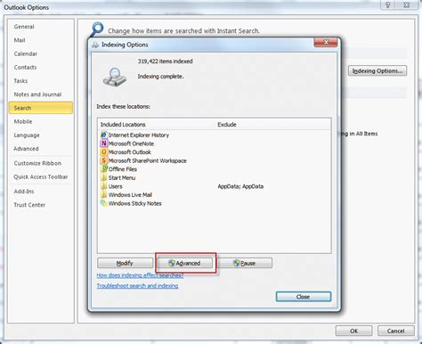how to rebuild outlook s search index