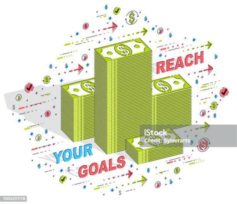 도달 목표 비즈니스 동기 부여 포스터 또는 배너 흰색 절연 글자와 현금 돈을 스택 3 차원 Isometric 비즈니스 그림