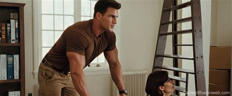 Muscular UPS Man On Ladder Delivering Package Stable Diffusion Online