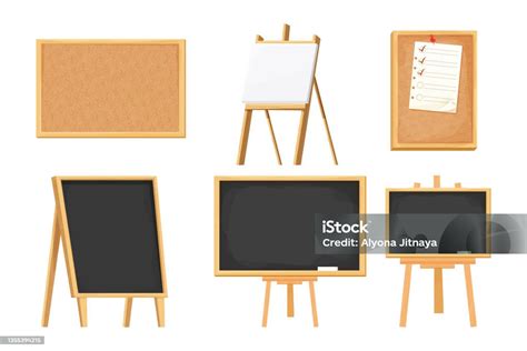 흰색 배경에 고립 된 만화 스타일의 삼각대에 칠판 칠판 이젤 코르크 보드를 설정합니다 컬렉션 프리젠 테이션 빈 프레임 모의 벡터 일러스트레이션 메모판에 대한 스톡 벡터 아트
