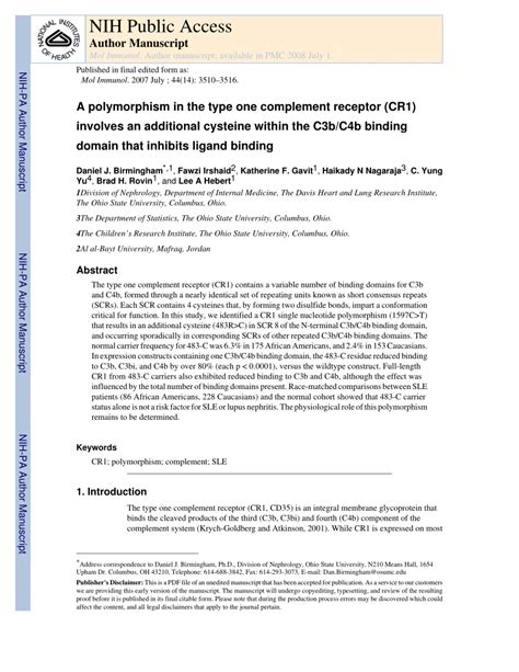Pdf A Polymorphism In The Type One Complement Receptor Cr1 Involves An Additional Cysteine