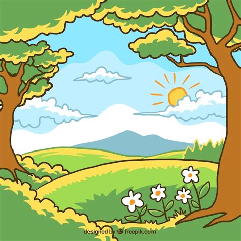 Paisaje De Primavera Dibujado A Mano Descargar Vectores Gratis