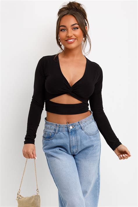 Black Long Sleeve Cut Out Crop Top Going Out Holiday Festival Outfit
