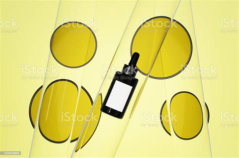 노란색에 3d 배경 검은 유리 튜브 디스플레이 최소한의 제품 프로모션 뷰티 화장품 프리젠 테이션 스튜디오 여름 장면 복사 공간 3d 렌더링 유행 추상 템플릿 공중 부양에