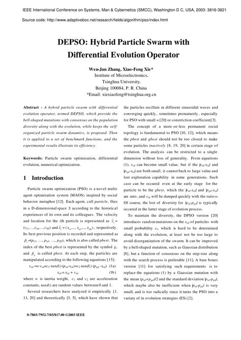 Pdf Depso Hybrid Particle Swarm With Differential Evolution Operator